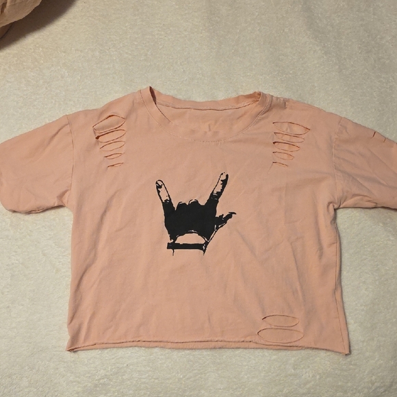 SHEIN | Tops | Shein Peach Distressed Crop Top With Rock Hand Graphic ...